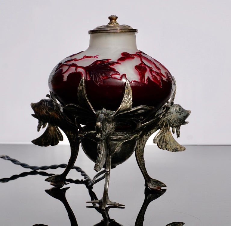 Emile Galle Cameo and Silver Fish Boudoir Lamp at 1stDibs