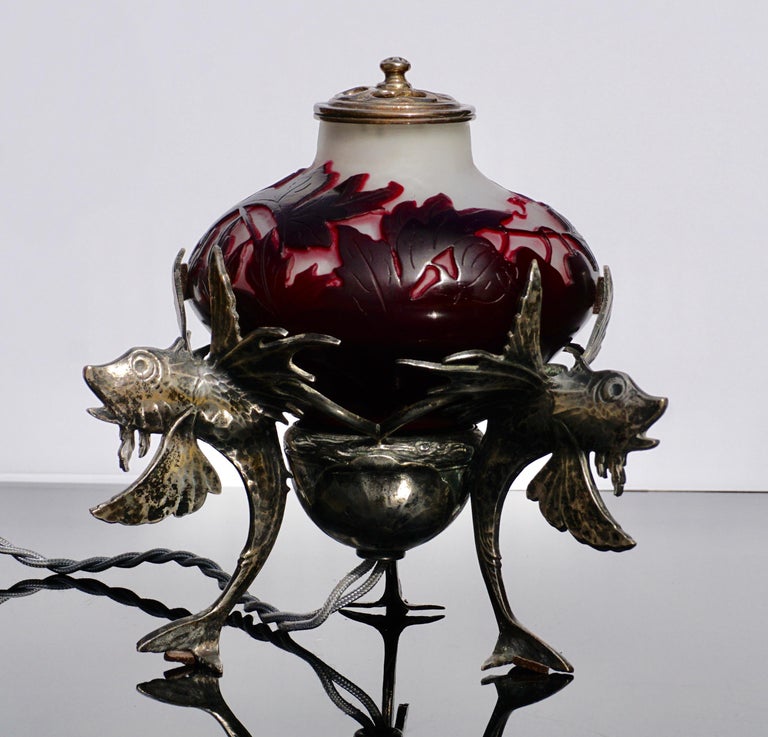 Emile Galle Cameo and Silver Fish Boudoir Lamp at 1stDibs