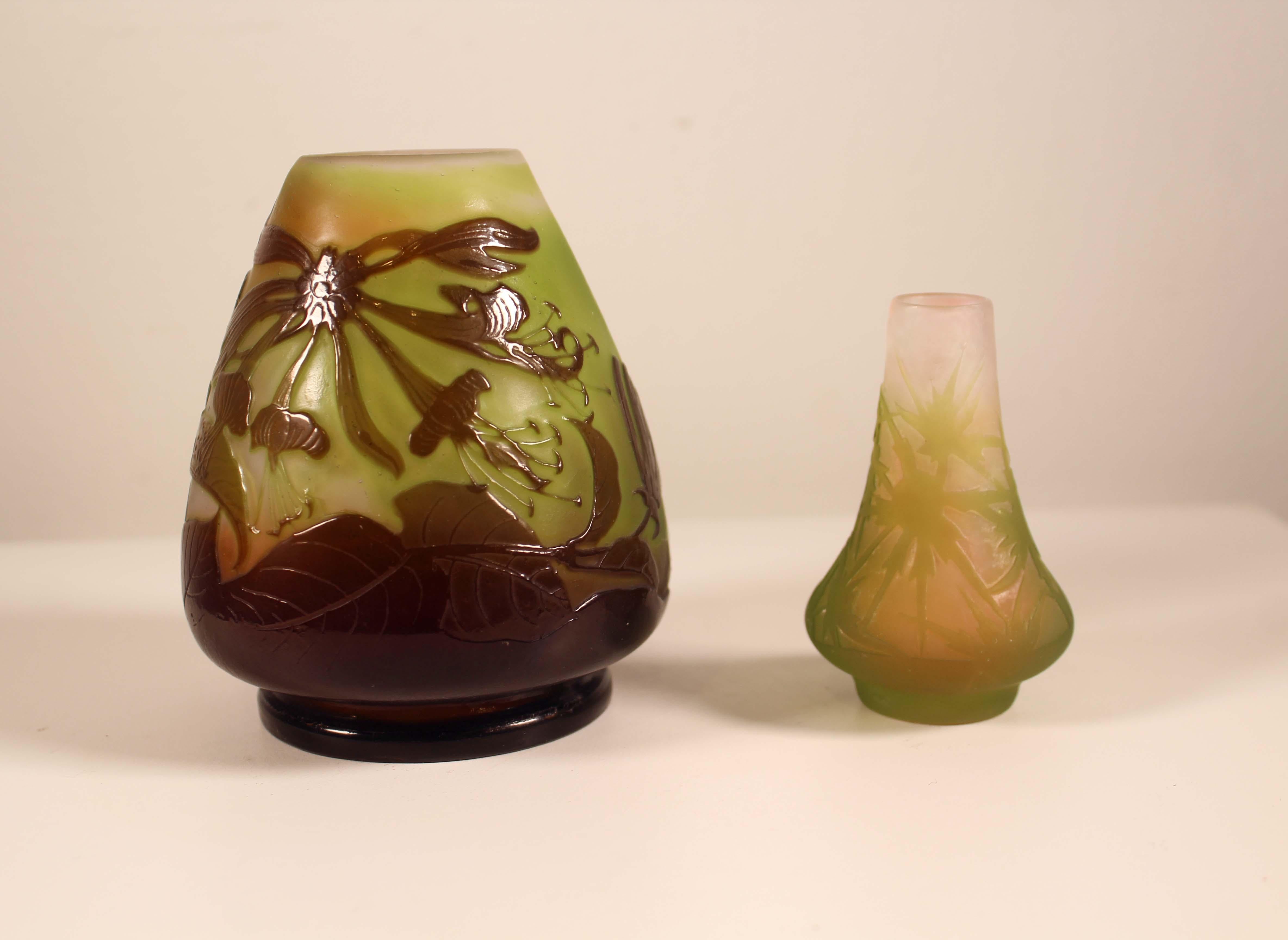 Emile Galle Pair of Art Nouveau Vintage Glass Vases Floral and Leaf ...