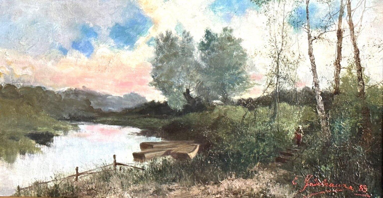 Emile Godchaux - Path along the river at sunset Original Emile Godchaux ...