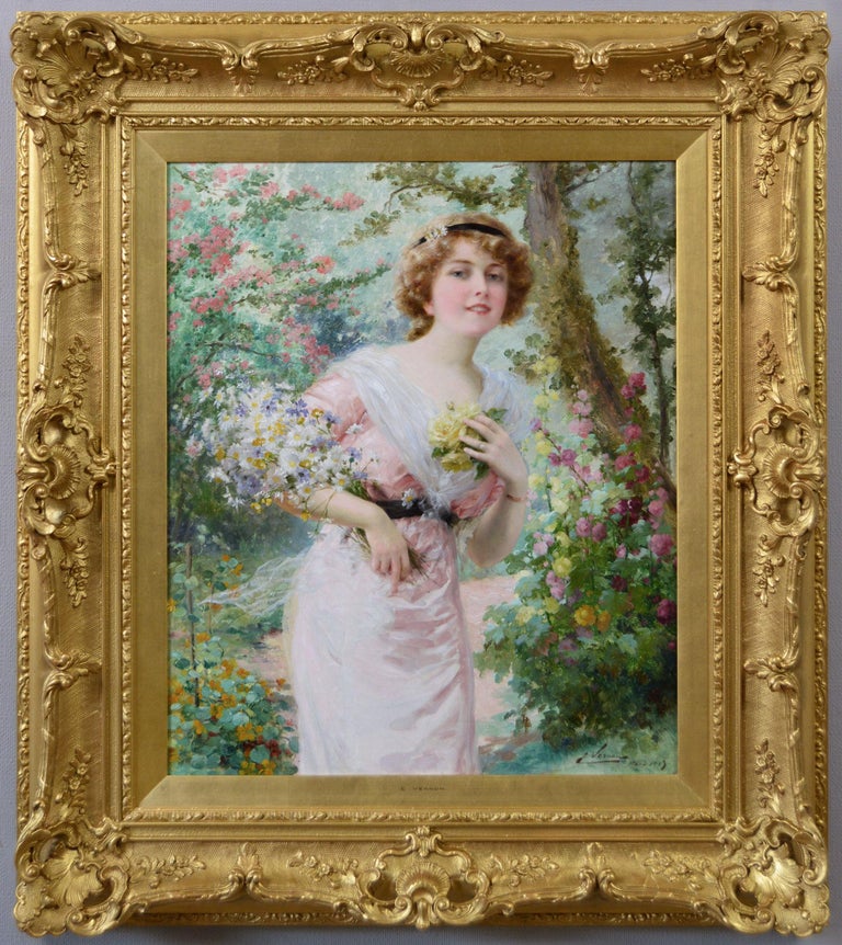 Emile Vernon - Genre oil painting of a woman with flowers For Sale at ...