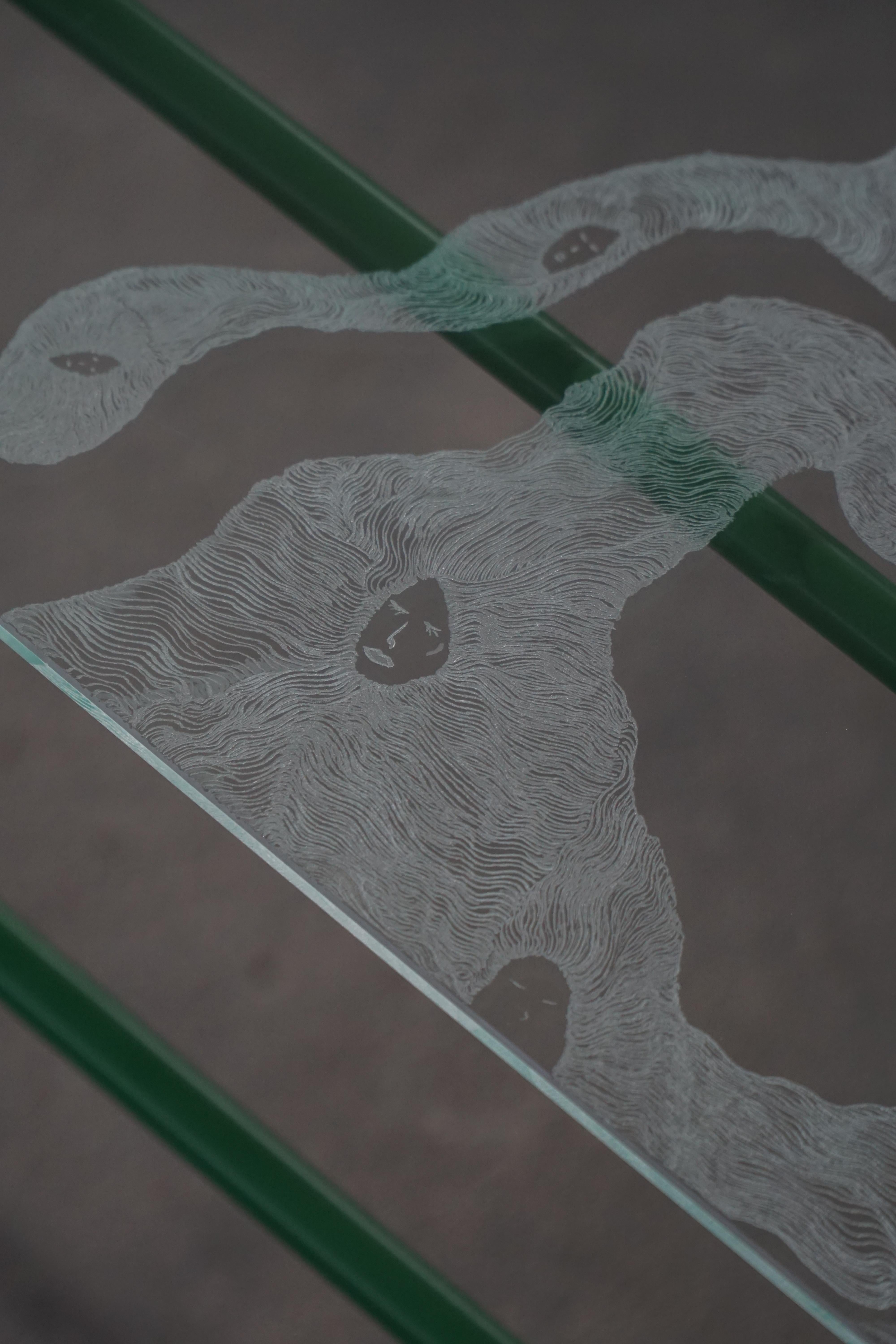 Emilia Sølvsten, Green Iron and Glass Table with Hand-Engraved Collage ...