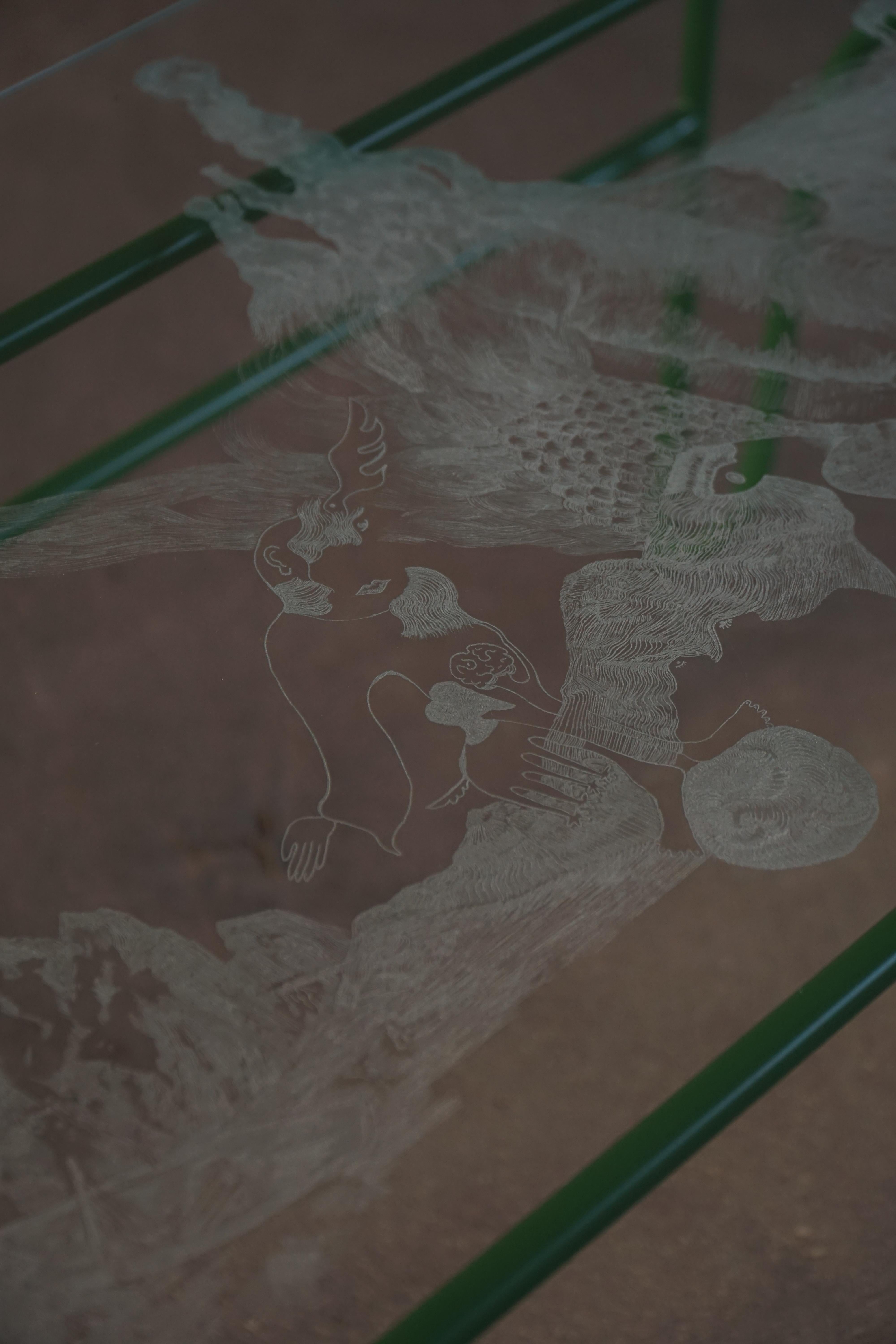 Emilia Sølvsten, Green Iron and Glass Table with Hand-Engraved Collage ...