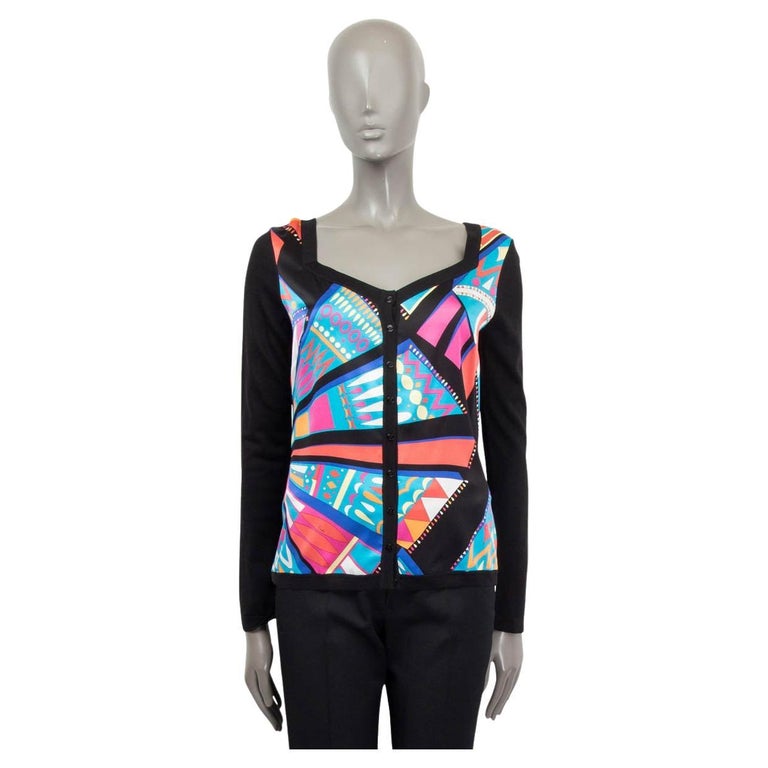 EMILIO PUCCI black and multicoloured TWILL and KNIT Cardigan Sweater 42 ...