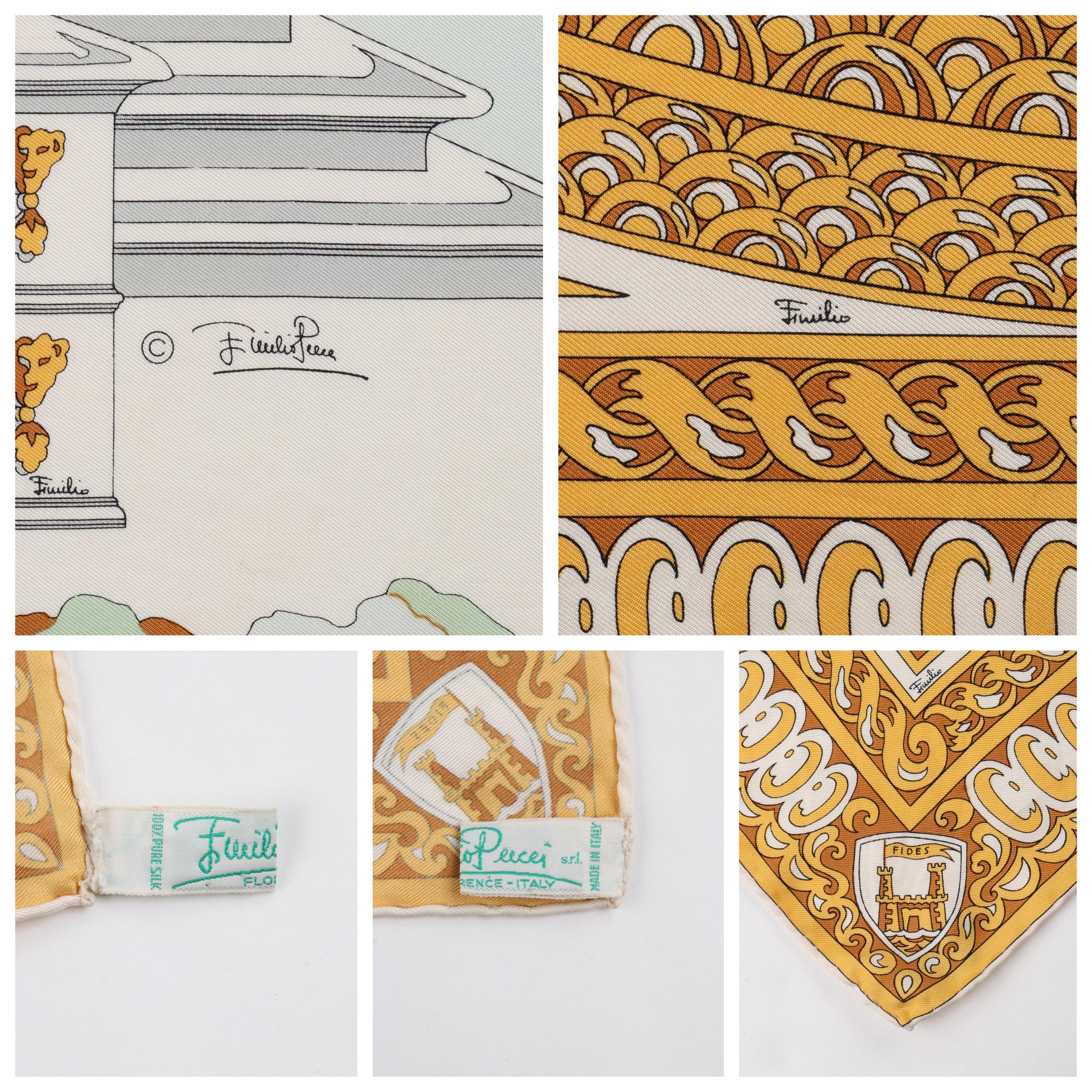 EMILIO PUCCI c.1960’s Blue Gold Ancient Florence City Print Square Silk ...