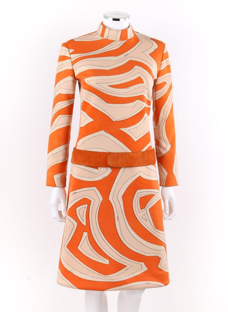 EMILIO PUCCI c.1960’s Orange Tan Geometric Signature Print Drop Waist ...