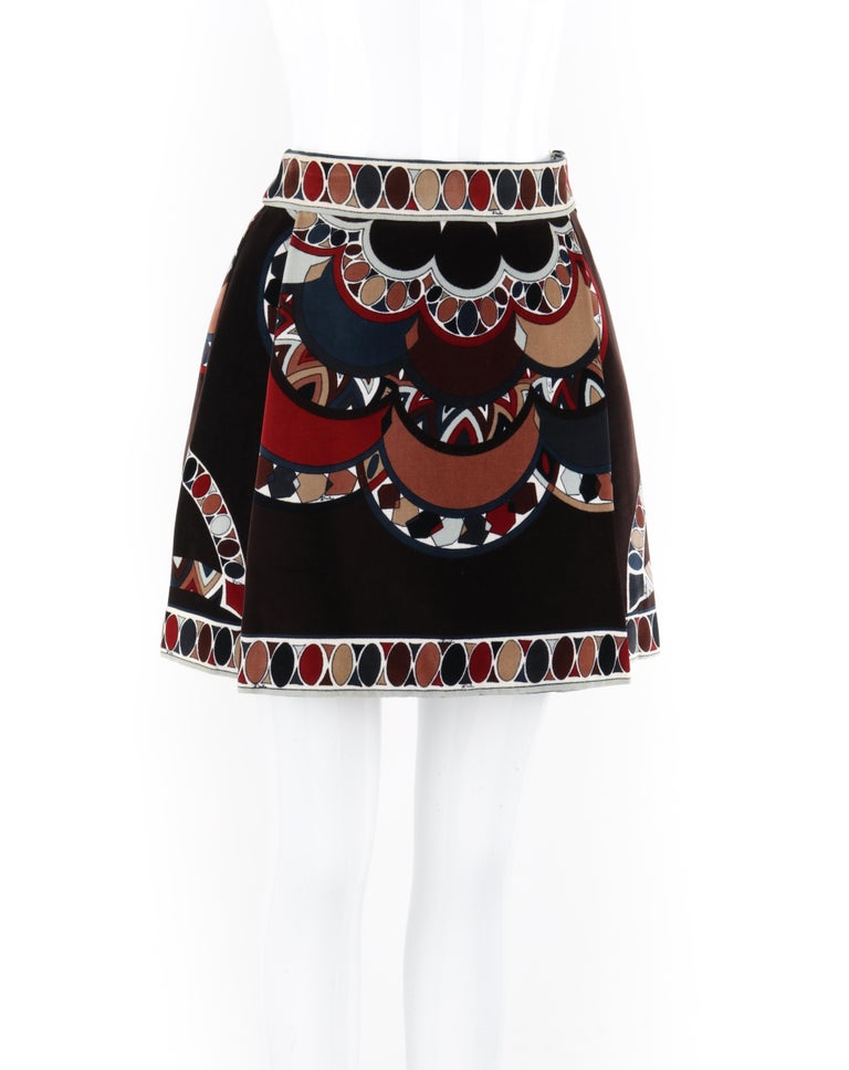EMILIO PUCCI c.1969 Brown Multicolor Print A-Line Velvet Pleated Mini ...