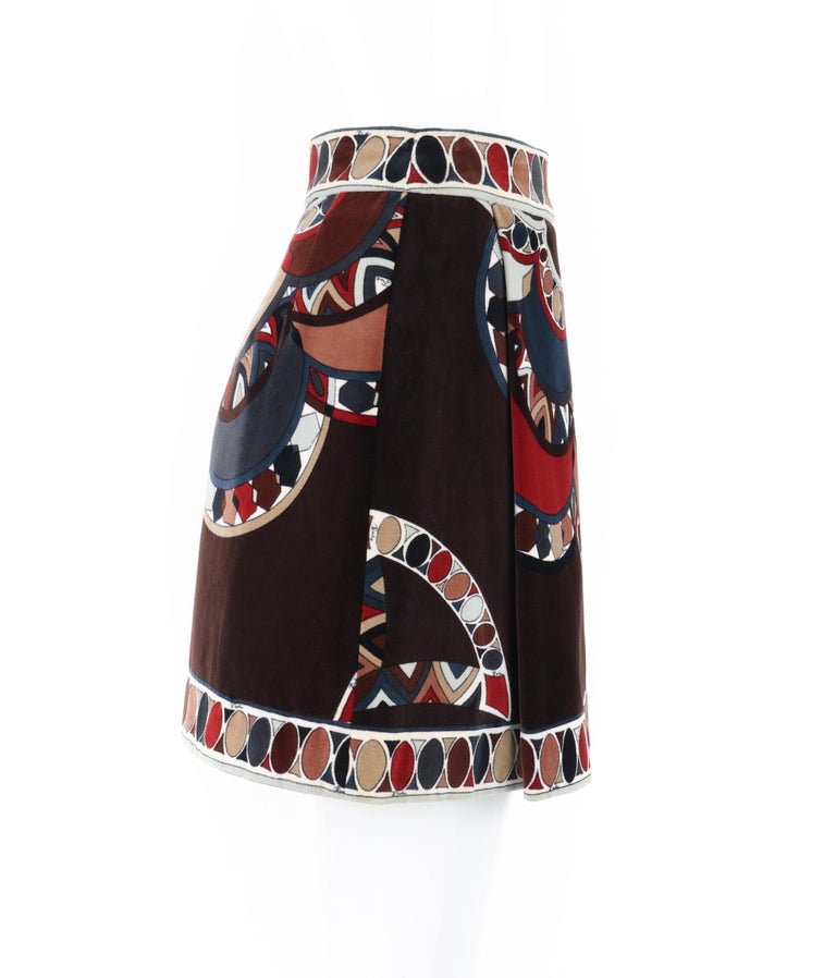 EMILIO PUCCI c.1969 Brown Multicolor Print A-Line Velvet Pleated Mini ...