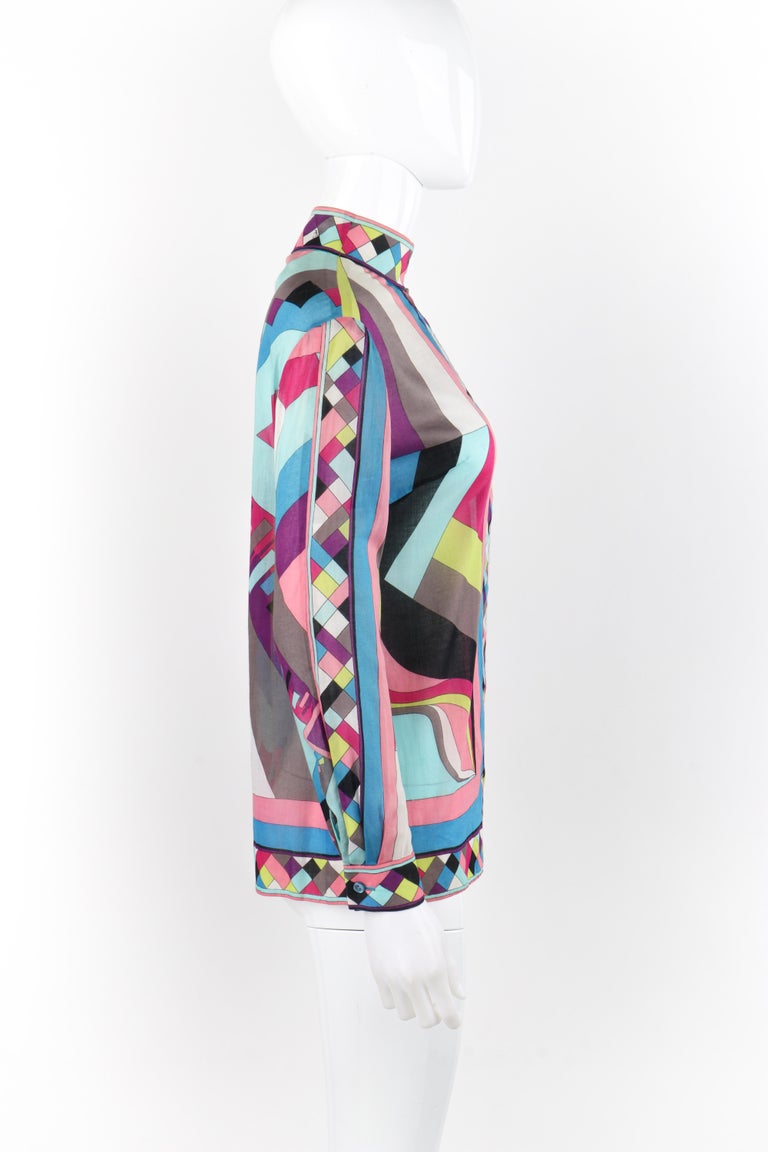 EMILIO PUCCI c.1969 Multicolor Geometric Print Collared Button-Up ...
