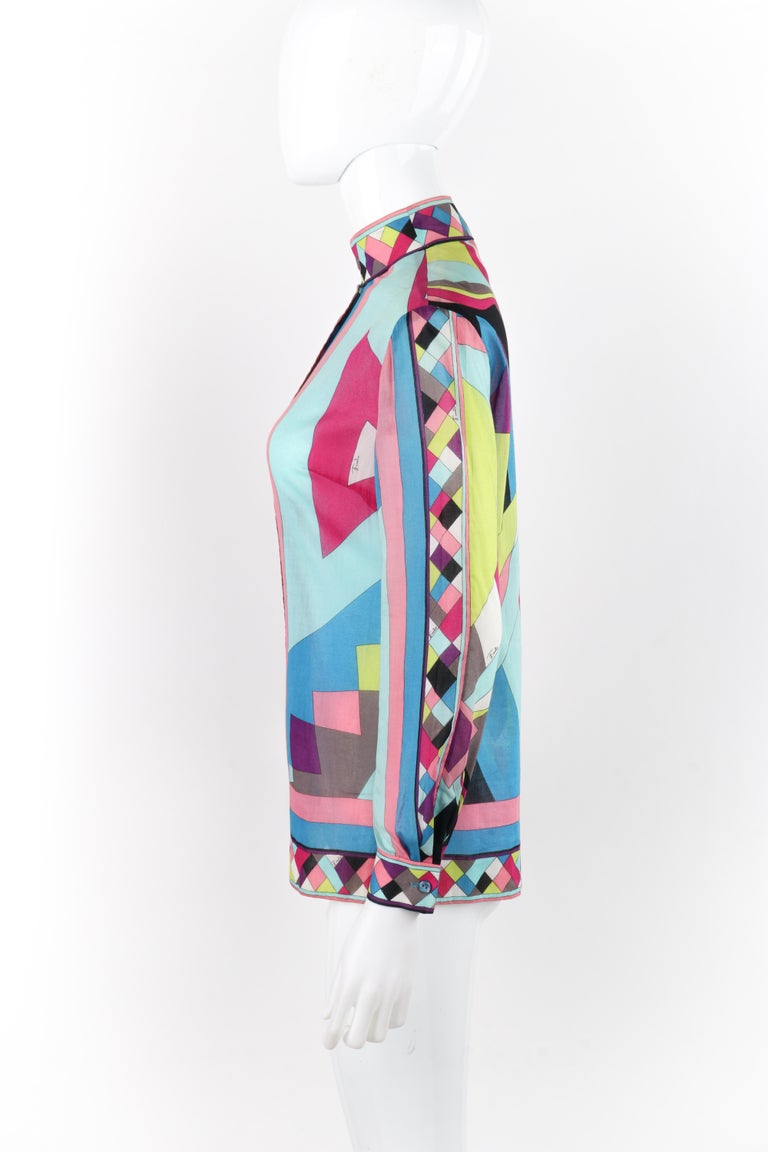 EMILIO PUCCI c.1969 Multicolor Geometric Print Collared Button-Up ...
