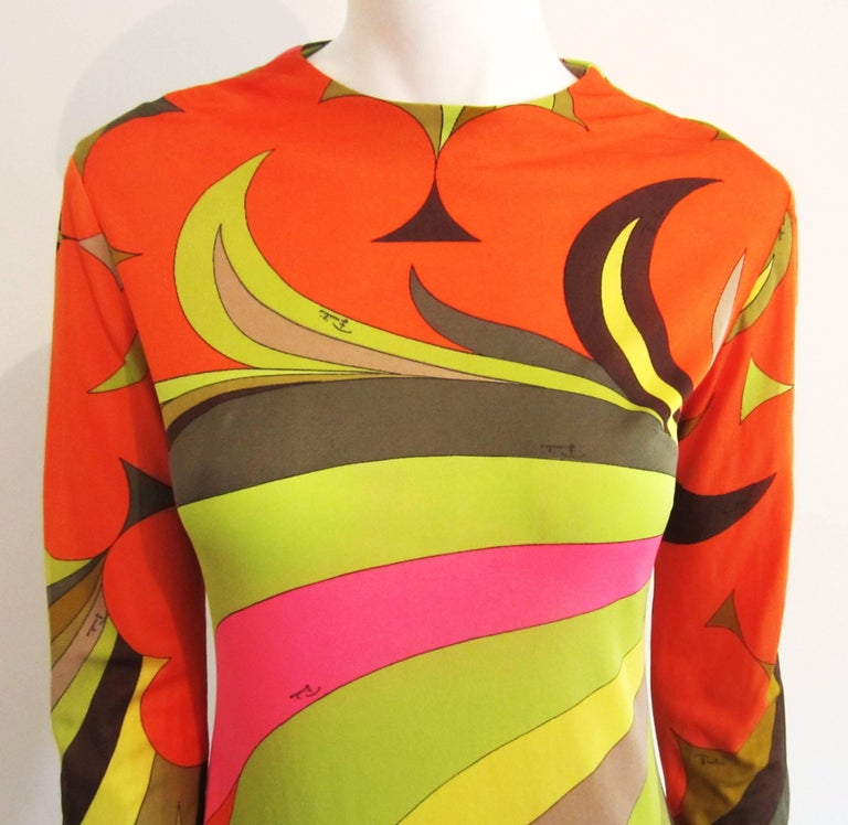 EMILIO PUCCI Dress Multi color Silk Long Sleeve Mod Print 1960s XS ...