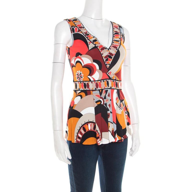 Emilio Pucci Firenze Multicolor Printed Jersey Plunge Neck Peplum Top M ...