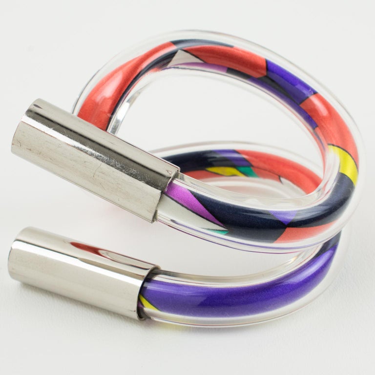 Emilio Pucci Futuristic Chrome Metal and Multicolour Silk Cuff Bracelet ...