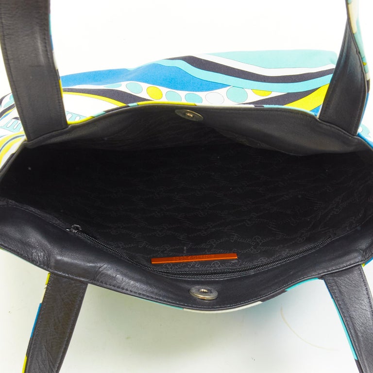 EMILIO PUCCI Onde Nuages print blue yellow leather trim handle tote bag ...