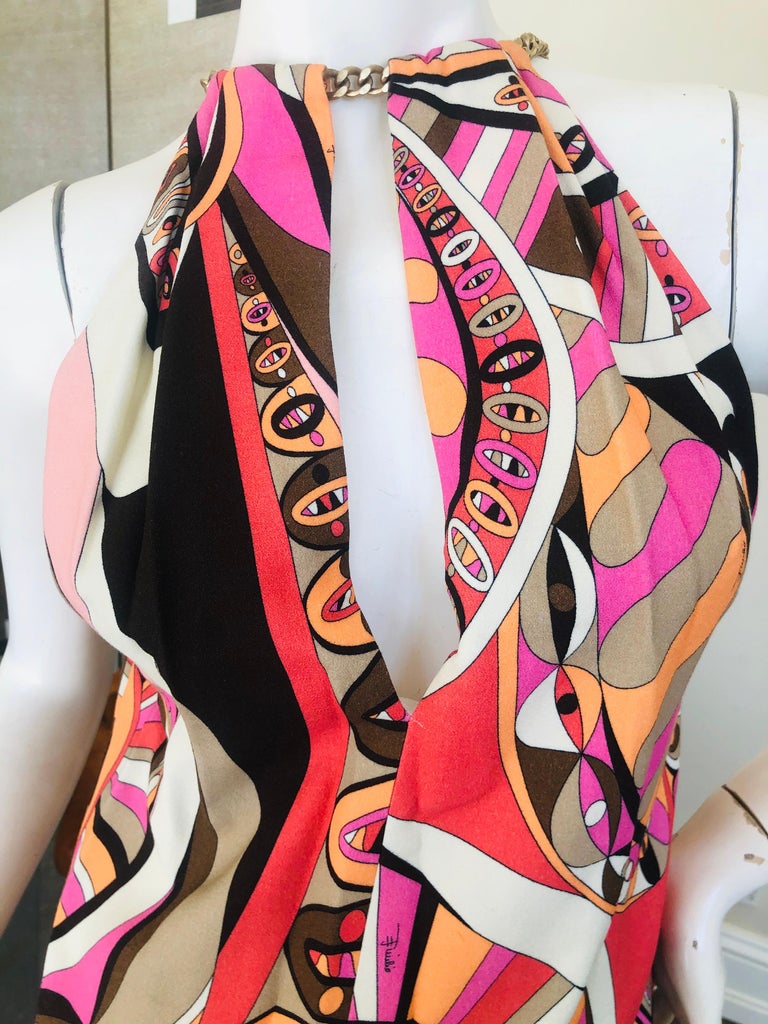 Emilio Pucci Sexy Slit Halter 60's Style Dress with Gold Chain Choker ...