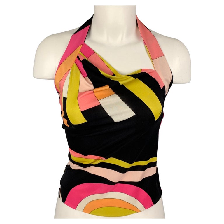 EMILIO PUCCI Size 6 Black Yellow Orange Silk Abstract Halter Casual Top ...