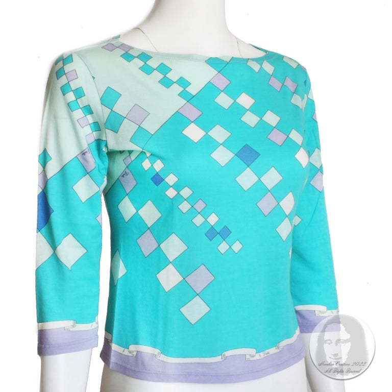 Emilio Pucci Top Cotton Silk Blend Jersey Abstract Geometric Print Size ...
