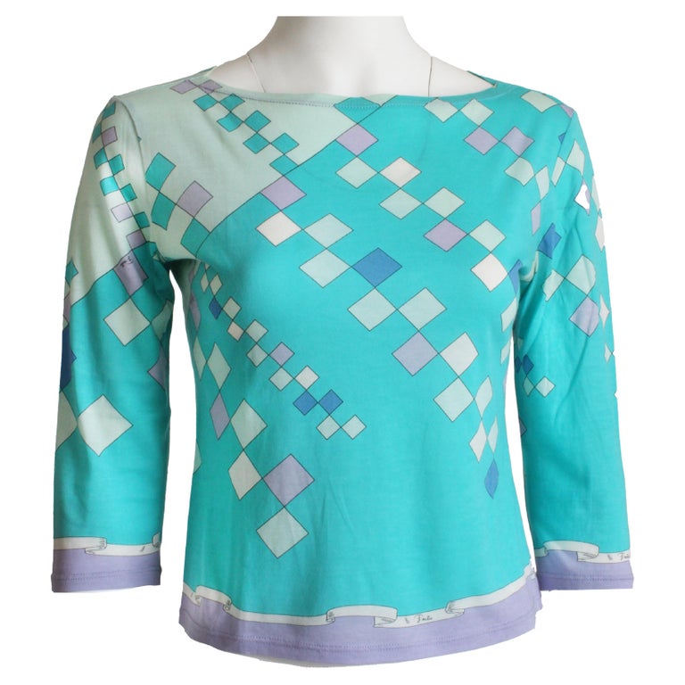 Emilio Pucci Top Cotton Silk Blend Jersey Abstract Geometric Print Size ...