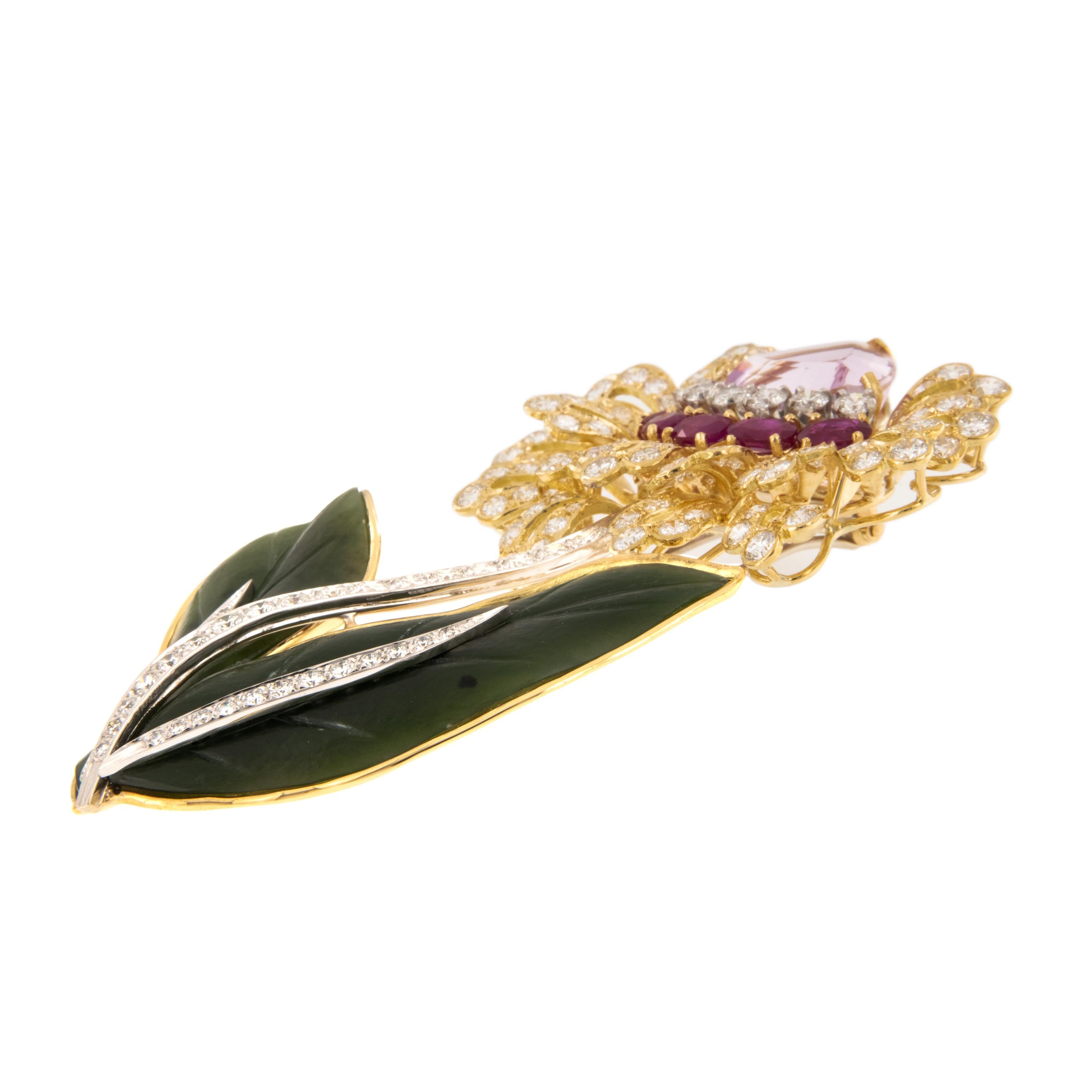 Emis Beros 18 Karat Yellow Gold Kunzite Ruby Diamond Serpentine Flower ...