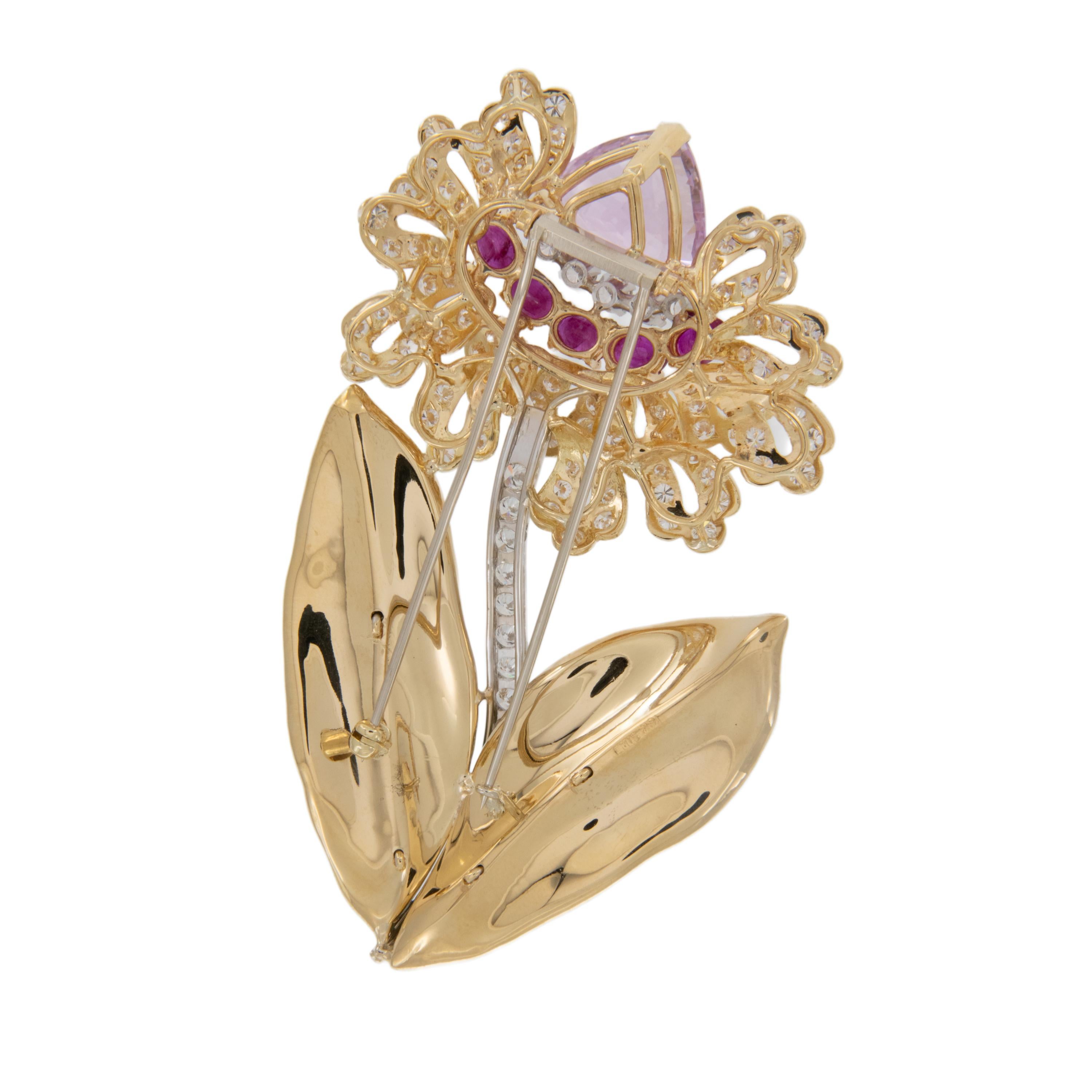 Emis Beros 18 Karat Yellow Gold Kunzite Ruby Diamond Serpentine Flower ...