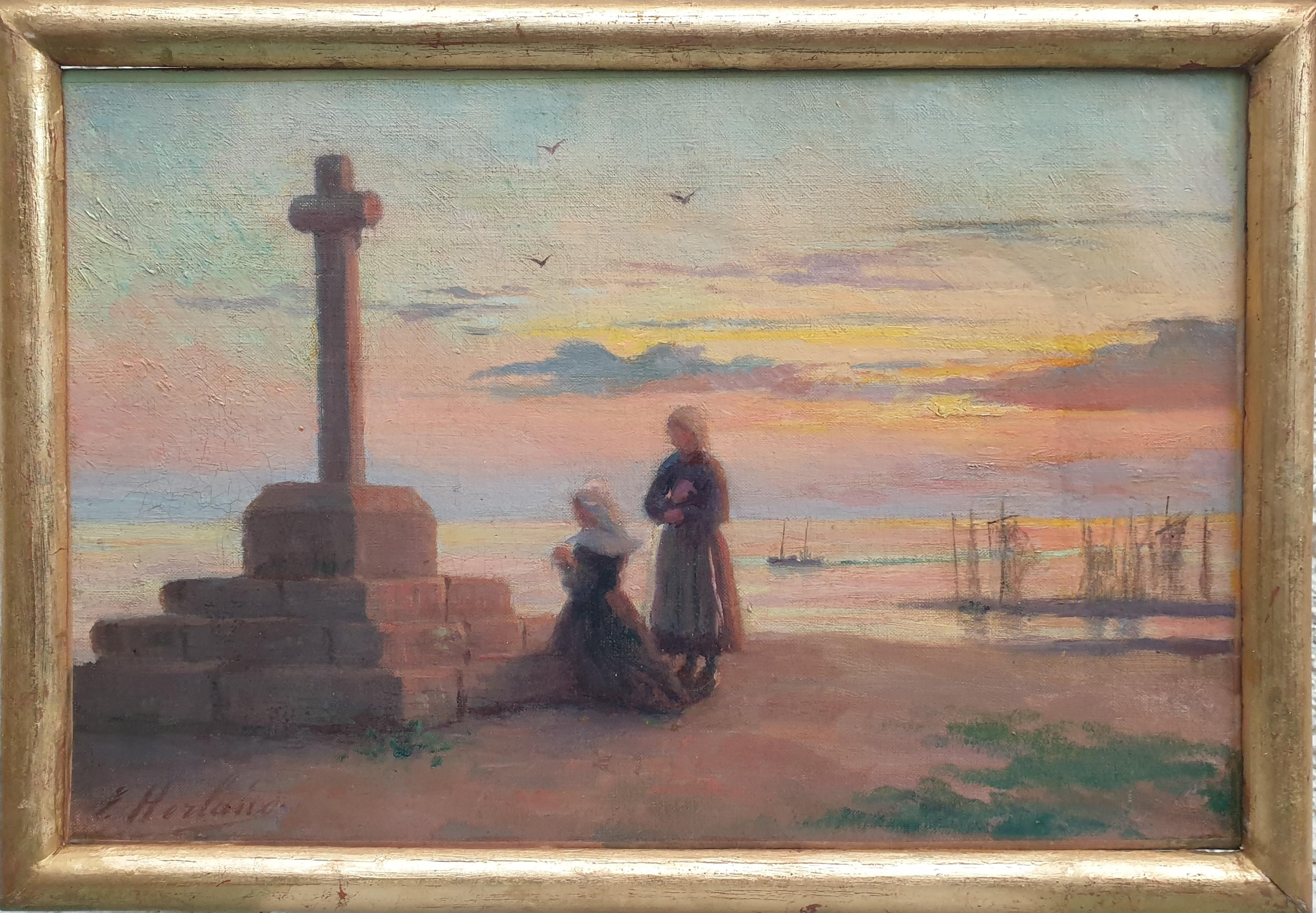 Emma HERLAND - Painting HERLAND Calvary Brittany women sea shore sunset french marine 20th For ...
