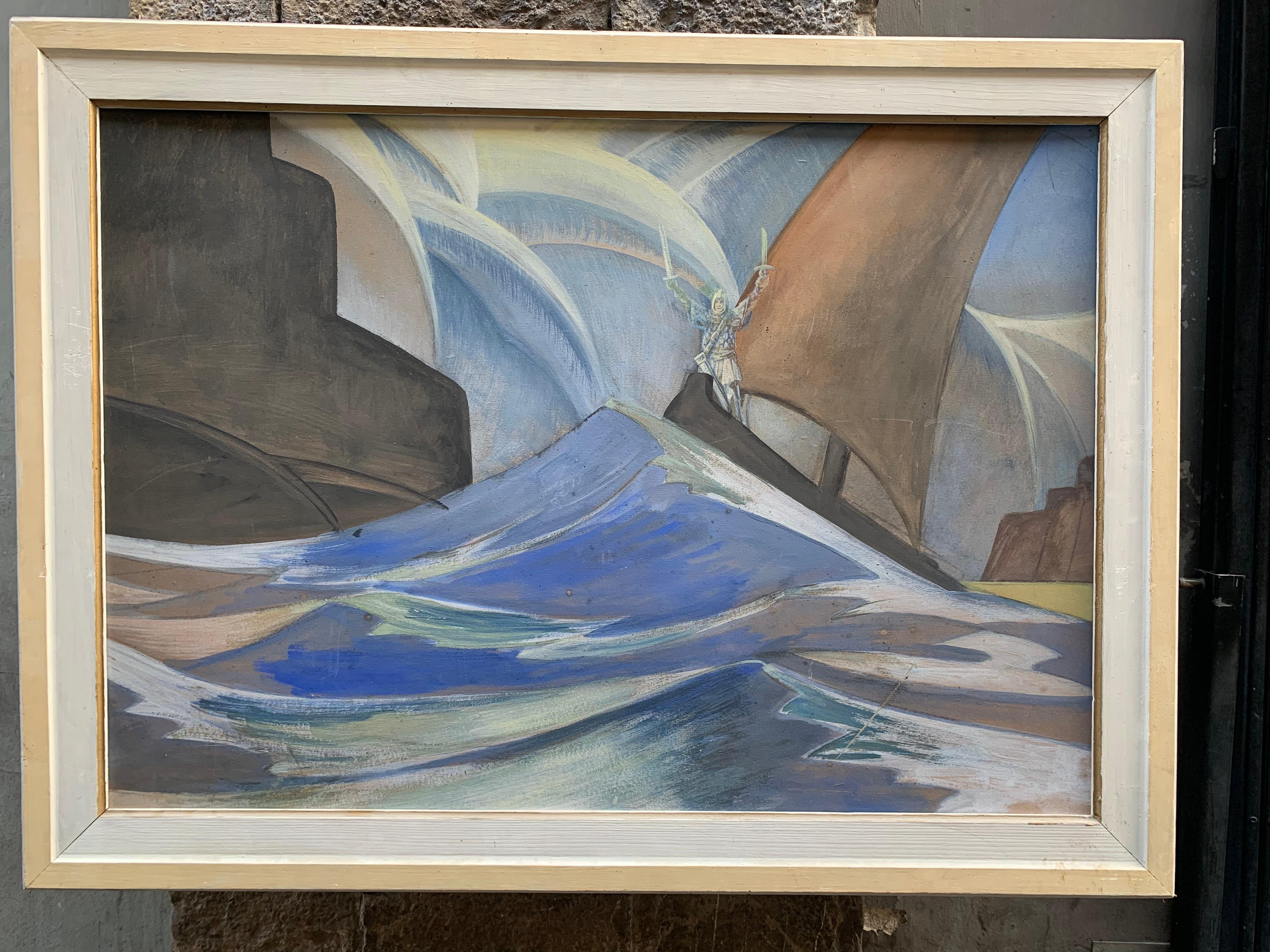 Emmanuel Cocard - Theatre scene. Knight Atop A Ship With Sword Raised ...