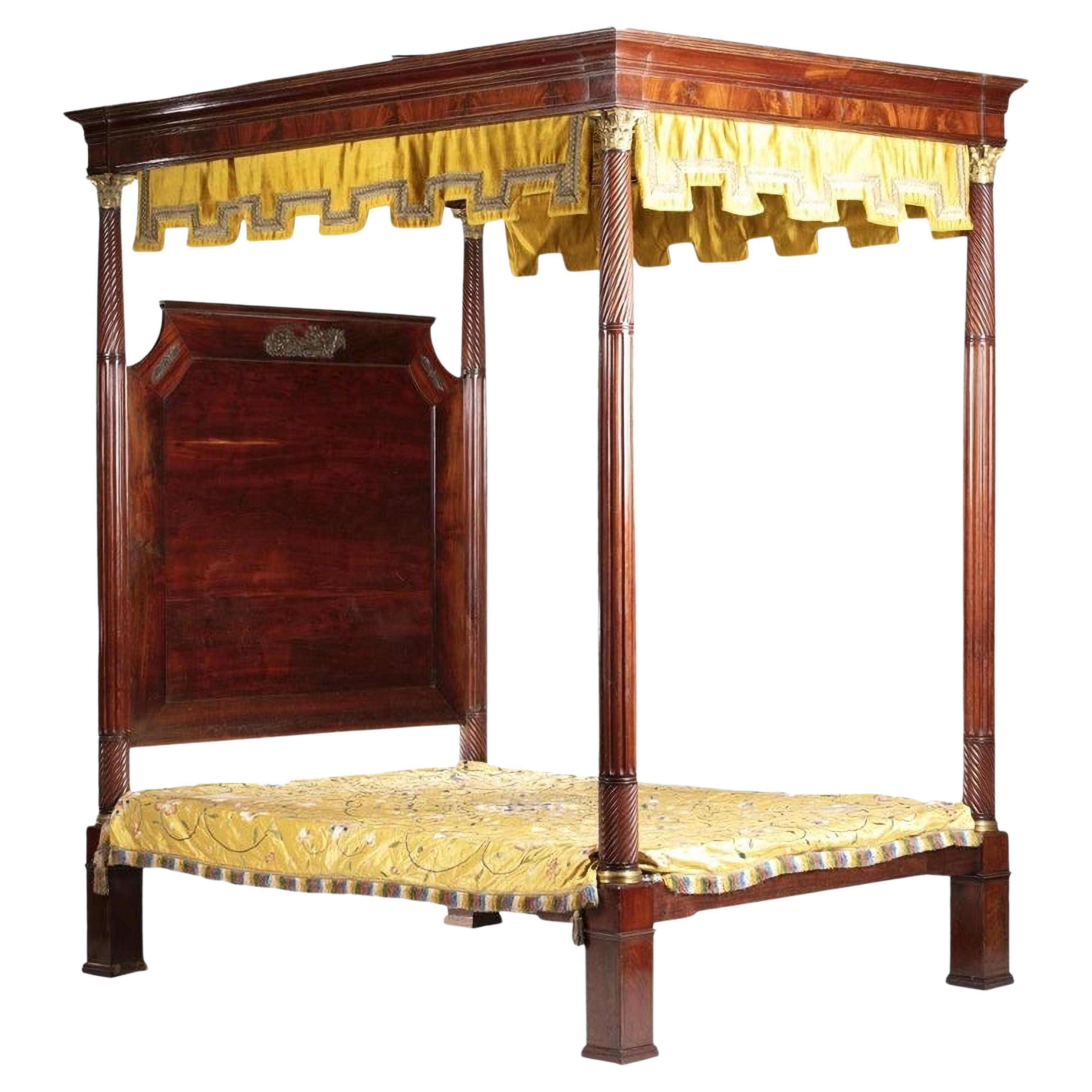 Italian 19th Century Canopy Bed with Silver Friezes and Upholstered ...