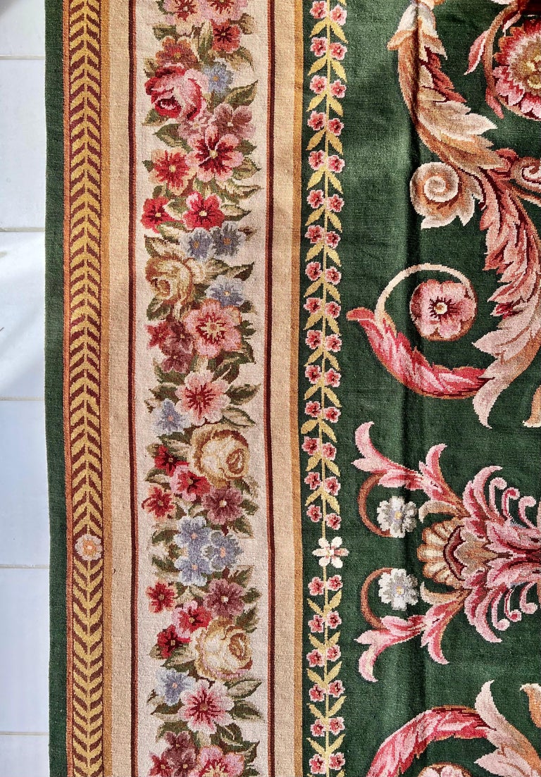 Empire Style Needlework Rug in Green and Pink For Sale at 1stDibs