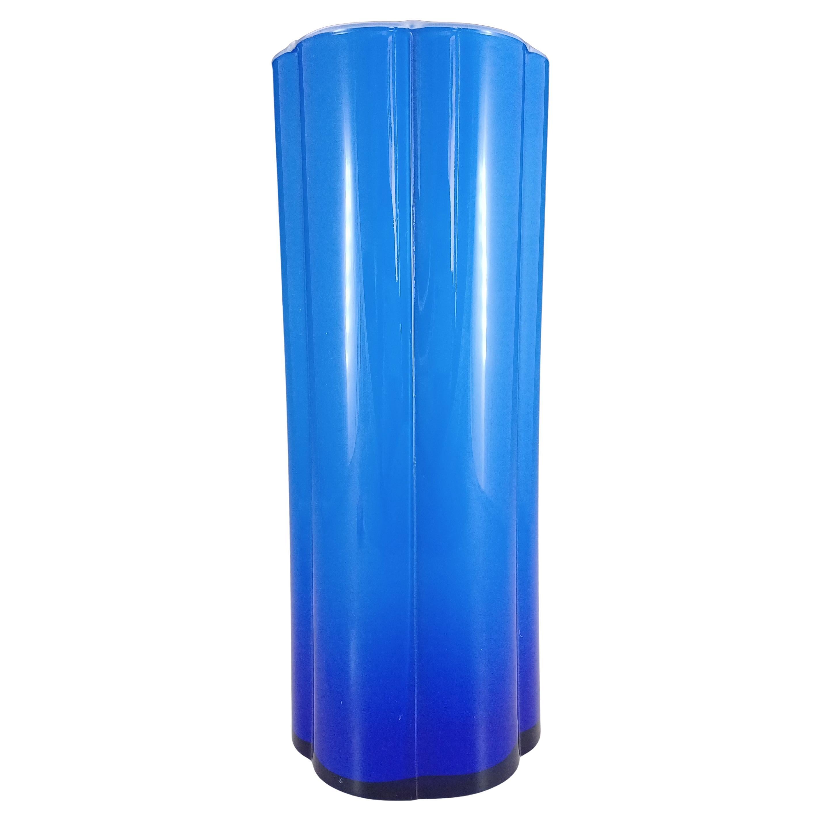 Empoli Large Vintage Italian Blue Cased Glass Vase For Sale at 1stDibs
