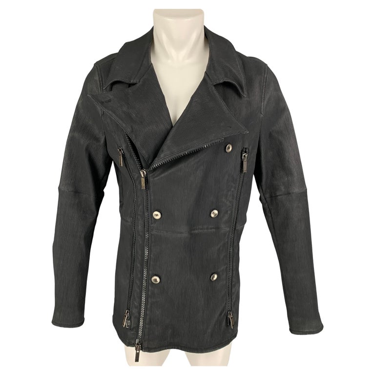 EMPORIO ARMANI Size 44 Black Textured Cotton Polyurethane Coat For Sale ...
