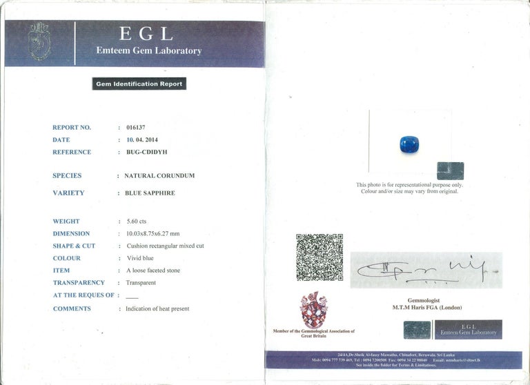 Emteem Certified 5.60 Carat Cushion Cut Blue Sapphire and Diamond ...