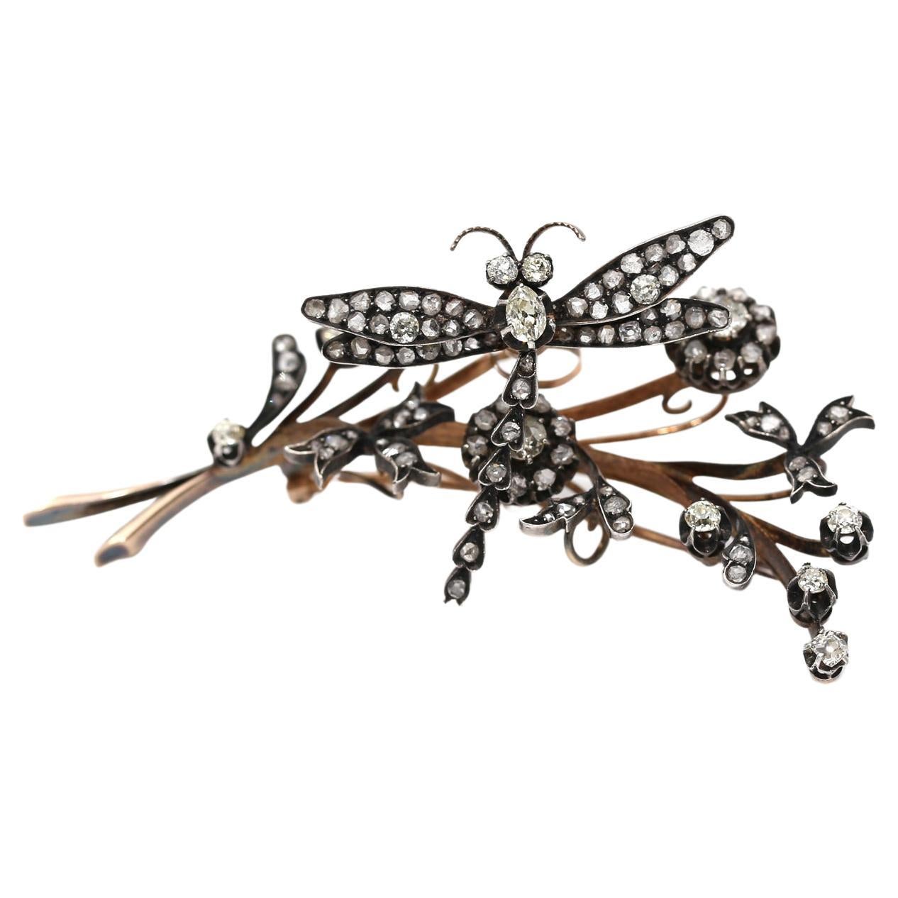 French Ruby Diamond Gold En Tremblant Rose Brooch For Sale at 1stDibs