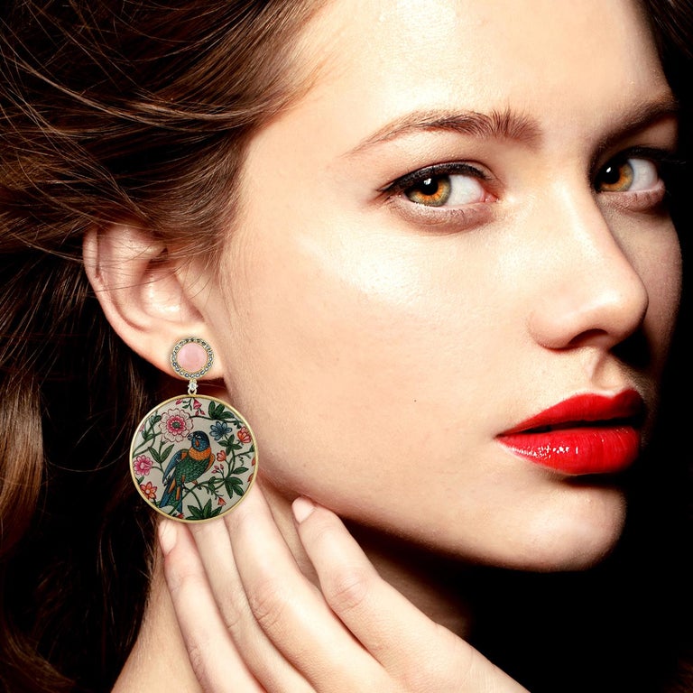 Enamel Hand Painted Diamond 18 Karat Gold Garden Earrings For Sale at ...