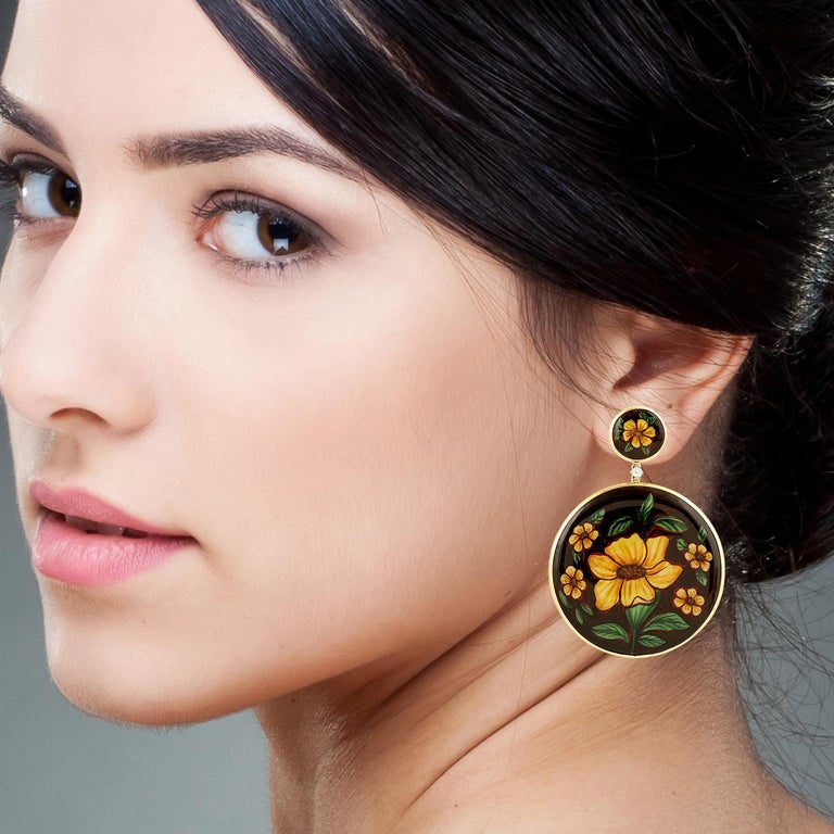 Enamel Hand Painted Diamond Yellow Flower 18 Karat Gold Earrings For ...
