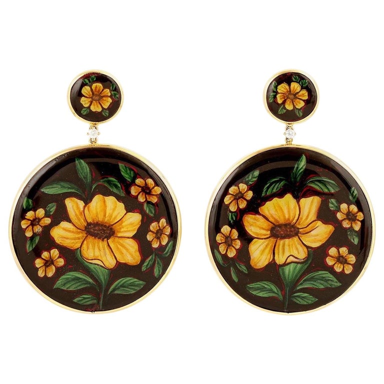 Enamel Hand Painted Diamond Yellow Flower 18 Karat Gold Earrings For ...