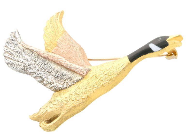 Enamel Rose White and Yellow Gold Goose Brooch For Sale at 1stDibs