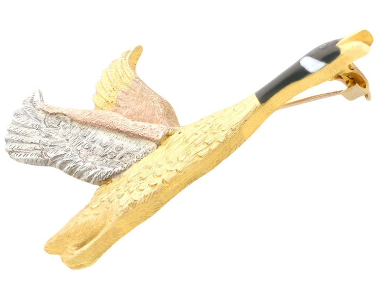 Enamel Rose White and Yellow Gold Goose Brooch For Sale at 1stDibs