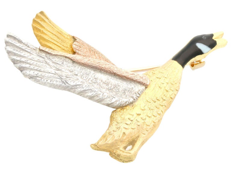 Enamel Rose White and Yellow Gold Goose Brooch For Sale at 1stDibs