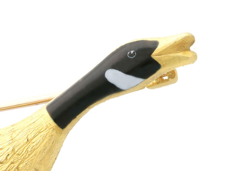 Enamel Rose White and Yellow Gold Goose Brooch For Sale at 1stDibs