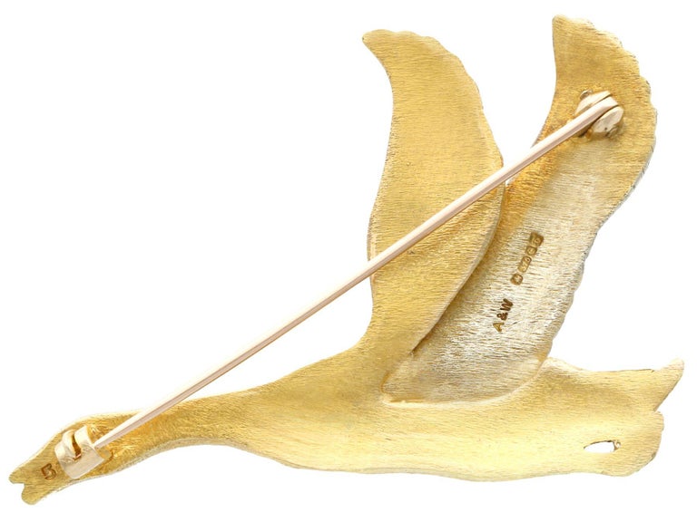 Enamel Rose White and Yellow Gold Goose Brooch For Sale at 1stDibs