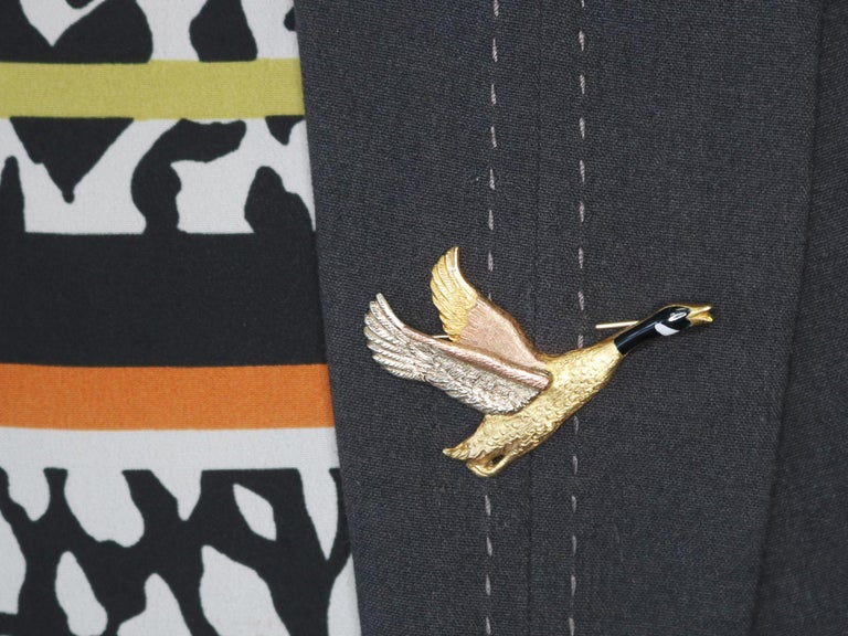 Enamel Rose White and Yellow Gold Goose Brooch For Sale at 1stDibs