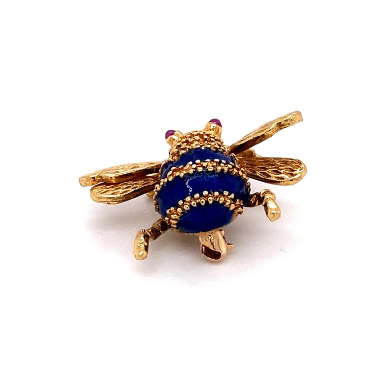 Enamel and Cabochon Ruby Bee Brooch in 18 Karat Gold For Sale at 1stDibs