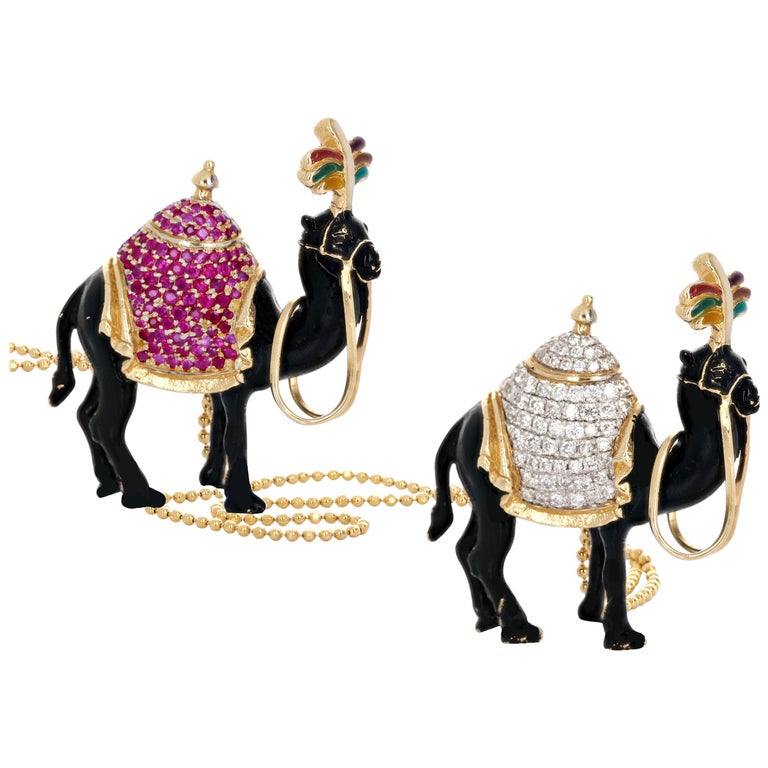 Enamel and Diamond Camel Brooch and Pendant Set For Sale at 1stDibs