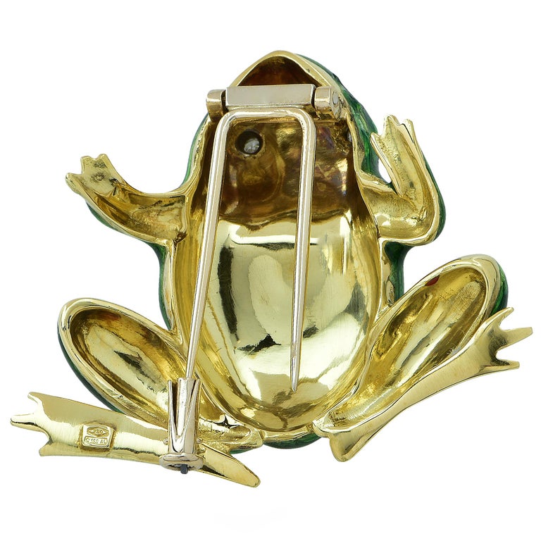 Enamel and Diamond Frog 18 Karat Yellow Gold Brooch Pin at 1stDibs