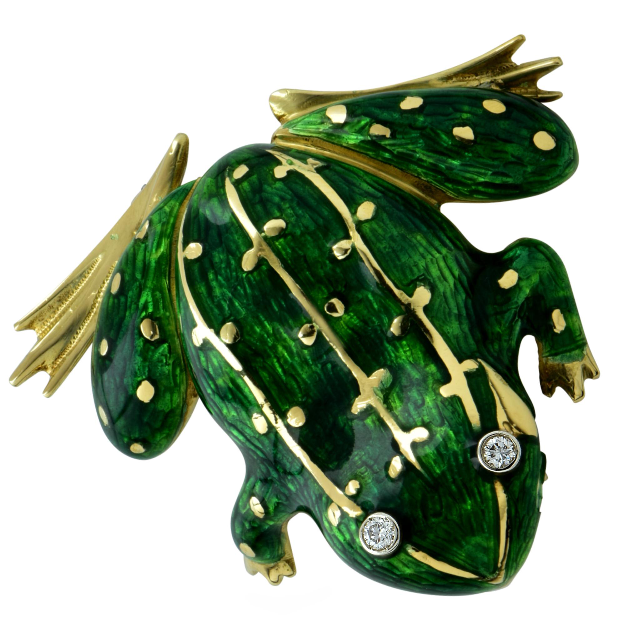 Enamel and Diamond Frog 18 Karat Yellow Gold Brooch Pin at 1stDibs