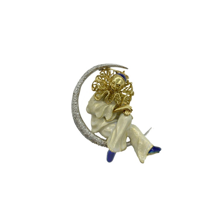 Enamel and Diamond Pierrot Lunaire Moon Brooch For Sale at 1stDibs