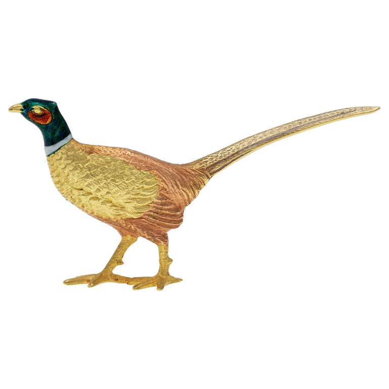 Enamel and Gold Pheasant Brooch For Sale at 1stDibs