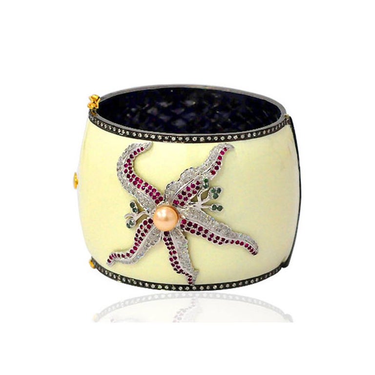 Enamel Bangle with Multi Gemstone Surrounded by Pave Diamond in Star ...