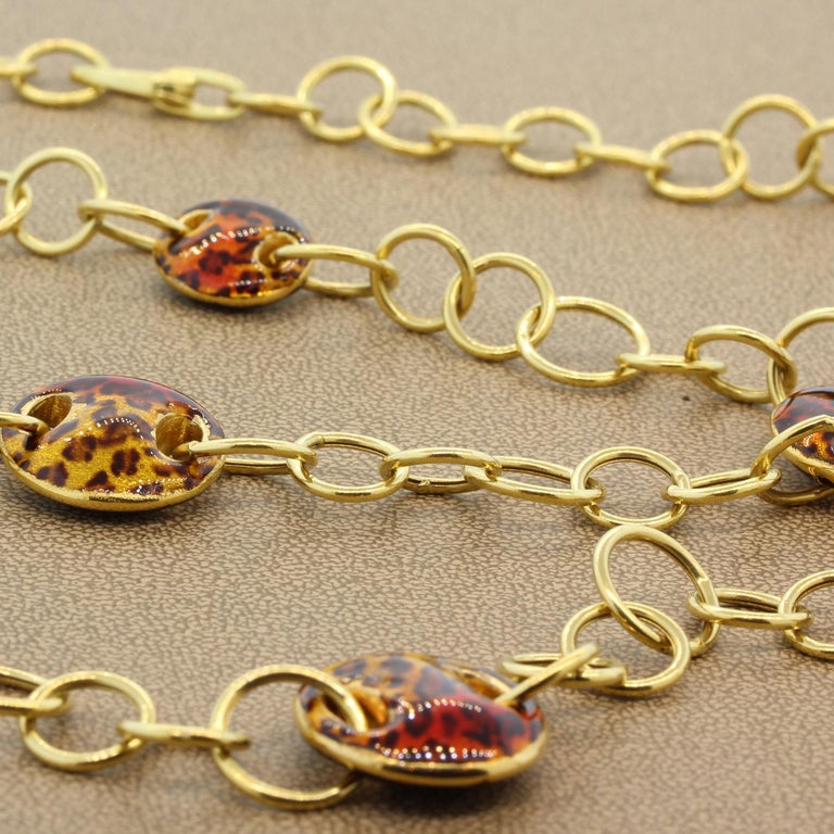 Enamel Cheetah Gold Hoop Link Necklace For Sale at 1stDibs