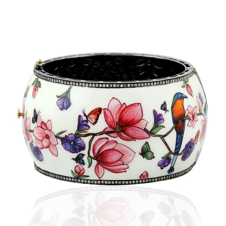 Enamel Cuff Bracelet with Pave Diamonds in Bird Design Made in 18k Gold ...